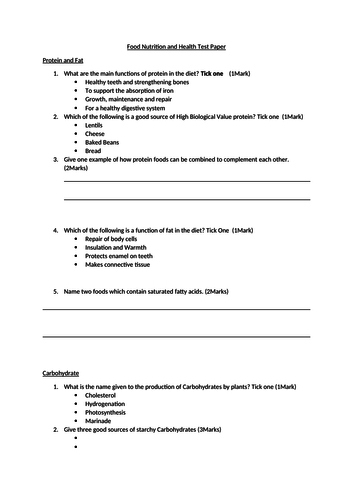 Food-Nutrition and Health Test paper | Teaching Resources