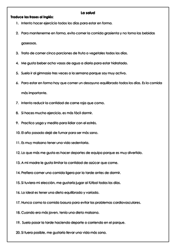 Spanish GCSE Health & Sport Translation Drills (into Spanish & English ...