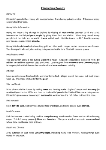 Causes of the Elizabethan Poverty Crisis | Teaching Resources