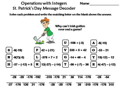 Operations with Integers St. Patrick's Day Math Activity: Message ...