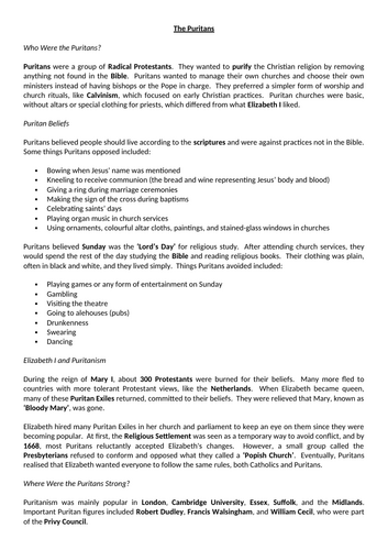 The Nature and Ideas of Puritanism in Elizabethan England | Teaching ...