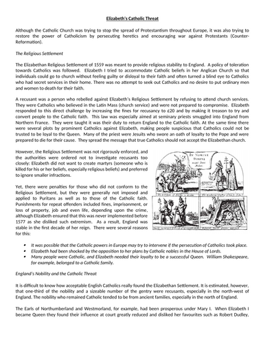 Catholic Opposition to Queen Elizabeth I | Teaching Resources