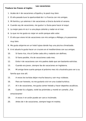 Spanish GCSE Holidays Translation Drills (into Spanish & English ...