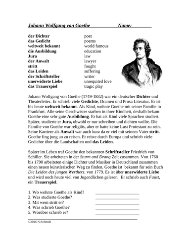German Biography on Goethe: Biography on a German Writer | Teaching ...