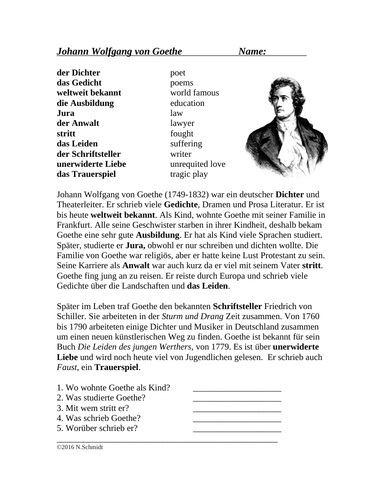 German Biography on Goethe: Biography on a German Writer | Teaching ...