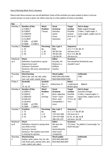 Year 6 Morning Work Term 1 | Teaching Resources