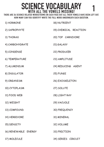 SCIENCE VOCAB. CHALLENGE - MISSING VOWELS - USES 272 Words/terms from ...