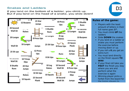 KS3 Fitness Resource: Snakes & Ladders | Teaching Resources