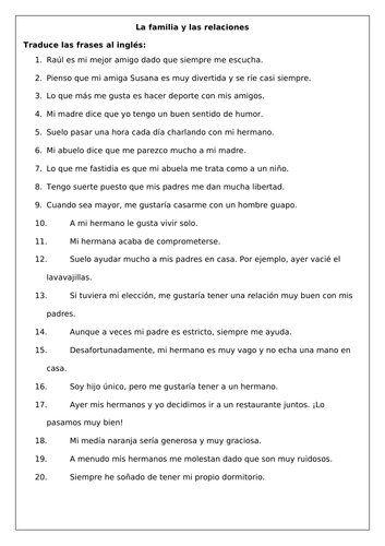 Spanish GCSE Family & Relationships Translation Drills (into Spanish ...