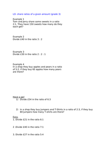 Divide a ratio into an amount + worksheet | Teaching Resources