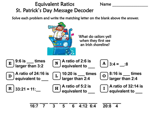 Equivalent Ratios St. Patrick's Day Math Activity: Message Decoder ...