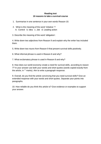 Survival skills reading and writing unit | Teaching Resources