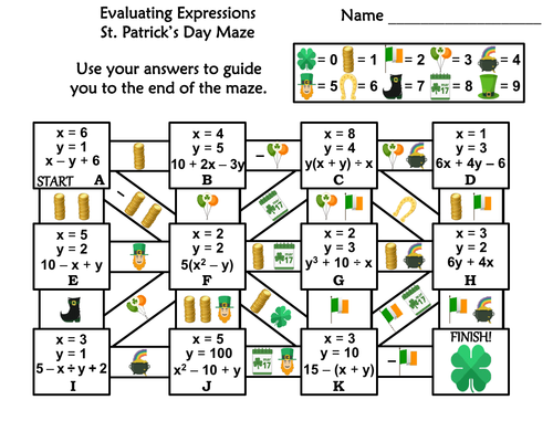 Evaluating Algebraic Expressions Activity: St. Patrick's Day Math Maze ...
