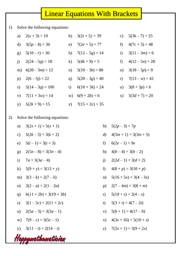 Solving Linear Equations With Brackets 80 Questions Answers