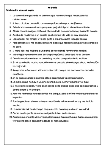 Spanish GCSE My Area Translation Drills (into Spanish & English ...