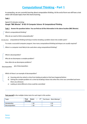 Computer Science 16 x Worksheets / Homeworks | Teaching Resources