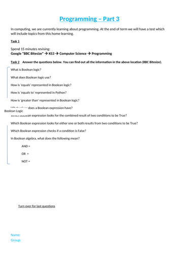 Computer Science 16 x Worksheets / Homeworks | Teaching Resources