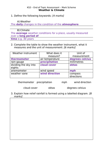KS3 Weather and Climate Assessment & Mark Scheme | Teaching Resources
