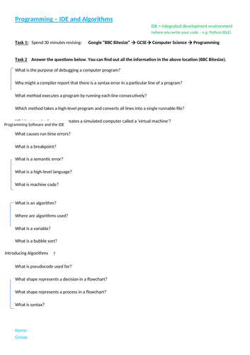 10 x GCSE Computer Science Revision Worksheets / Homework | Teaching ...