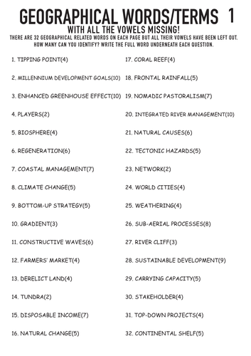 320 GEOGRAPHY WORDS/TERMS from GCSE GLOSSARY - MISSING VOWELS CHALLENGE ...