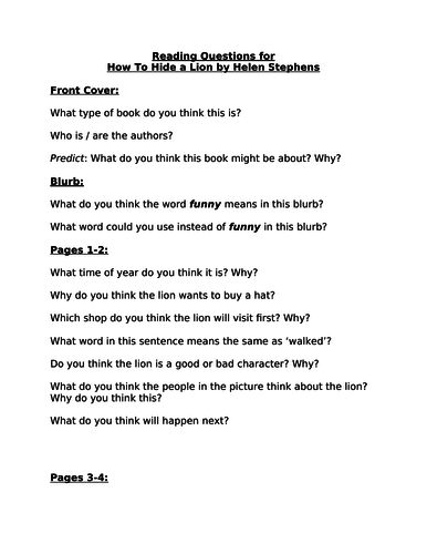 Reading Questions for How To Hide A Lion by Helen Stephens | Teaching ...