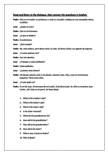 KS3 Spanish Listening exercises family and jobs. Audio and transcript ...