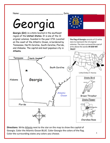GEORGIA (U.S. State) - Introductory Geography Worksheet | Teaching ...