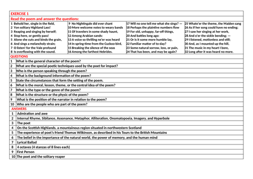 SOLITARY REAPER BY WILLIAM WORDSWORTH - TASKS AND EXERCISES | Teaching ...