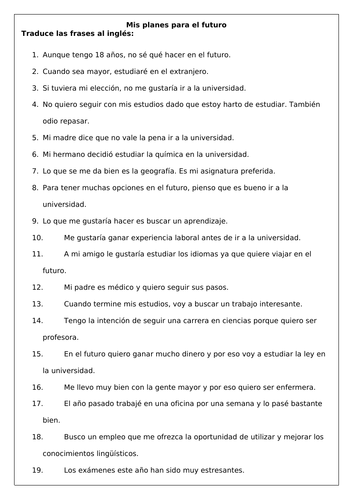Spanish GCSE Future Plans Translation Drills (into Spanish & English ...