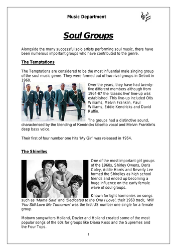 KS3 Music Cover Resource - Soul Groups worksheet (for middle sets ...