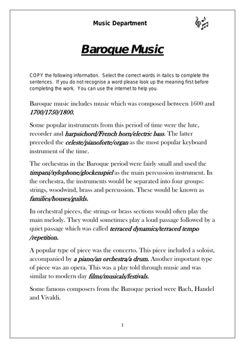 KS3 Music Cover Resource - Baroque Music Worksheet | Teaching Resources