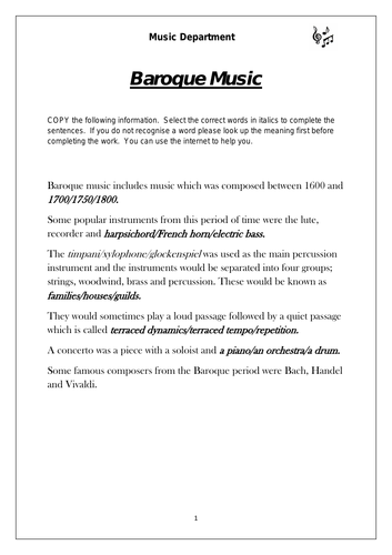 KS3 Music Cover Resource - Baroque Music Worksheet (differentiated for ...