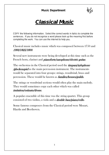 KS3 Music Cover Resource - Classical Music Worksheet (for middle sets ...