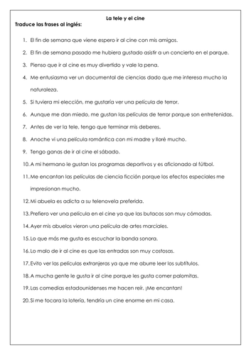 Spanish GCSE TV & Cinema Translation Drills (into Spanish & English ...