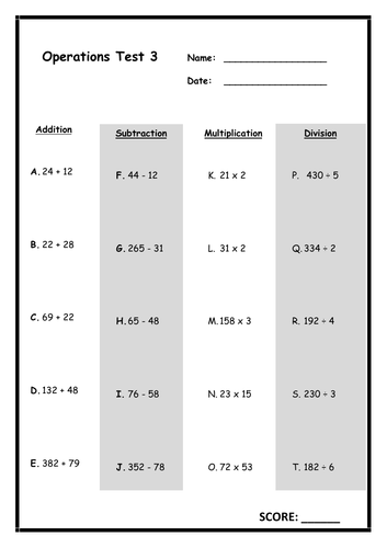 Operations Tests (3 Tests Included) | Teaching Resources