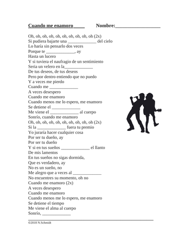 Spanish Song Cloze Activity: Enrique Iglesias: Cuando me enamoro ...