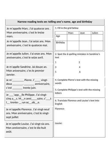 French - Name, Age and Birthday. Pool of 12 resources (all persons ...
