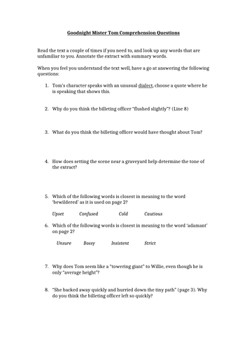 Comprehension - Goodnight Mister Tom with answers | Teaching Resources