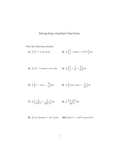 Integrating standard functions worksheet (with solutions) | Teaching ...