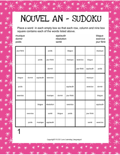 French New Year Vocabulary - Nouvel An - Sudoku Puzzles | Teaching ...