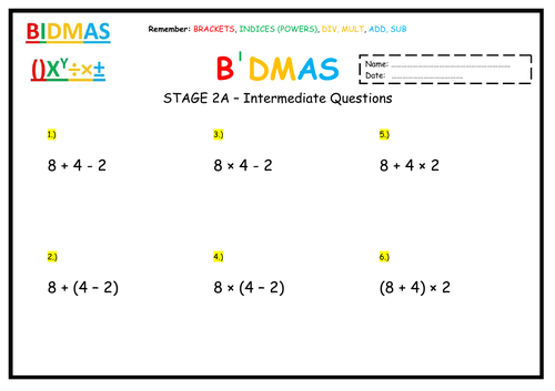 BIDMAS 'INTERMEDIATE' LEVEL - Teaching video and worksheets 2A, 2B & 2C ...