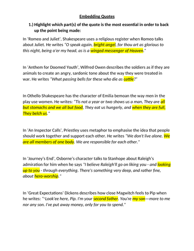 Embedding Quotes Exercise for Literature with answers | Teaching Resources