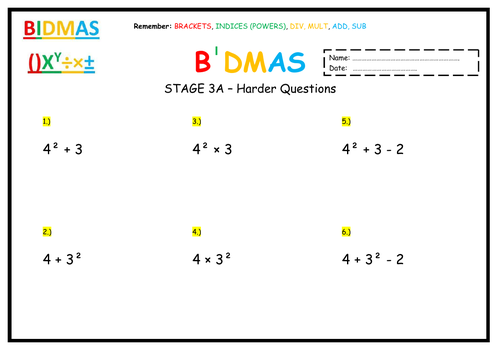 BIDMAS 'HARDER' LEVEL - Teaching video and worksheets 3A, 3B & 3C (with ...
