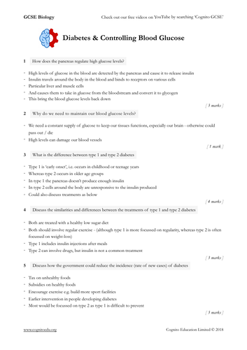 GCSE Biology (9-1) - Diabetes & Controlling Blood Glucose - Worksheet ...