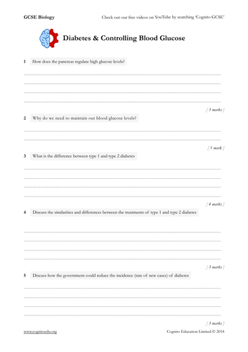 GCSE Biology (9-1) - Diabetes & Controlling Blood Glucose - Worksheet ...