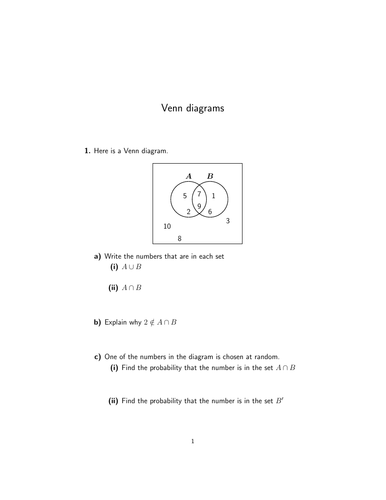 Venn diagrams worksheet no 2 (with solutions) | Teaching Resources