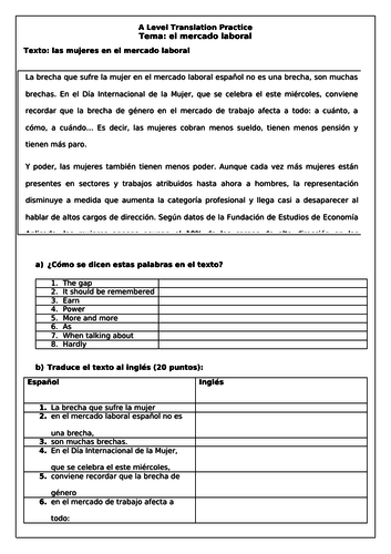 Spanish A Level las mujeres en el mercado laboral: translations on ...