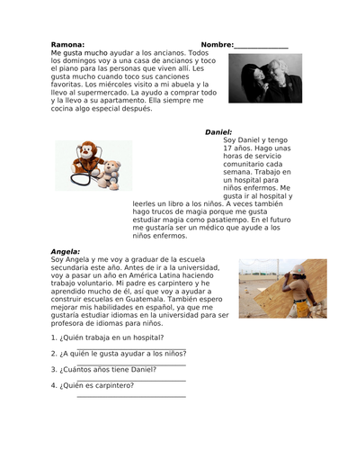 Spanish Reading on Volunteer Work: Trabajo Voluntario Lectura ...