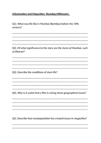 Slumdog Millionaire- Film Worksheet- Geography | Teaching Resources