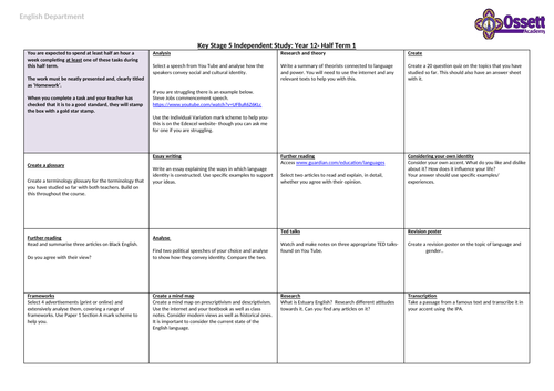 English Language KS5 Independent Study tasks. 3 half terms. | Teaching ...